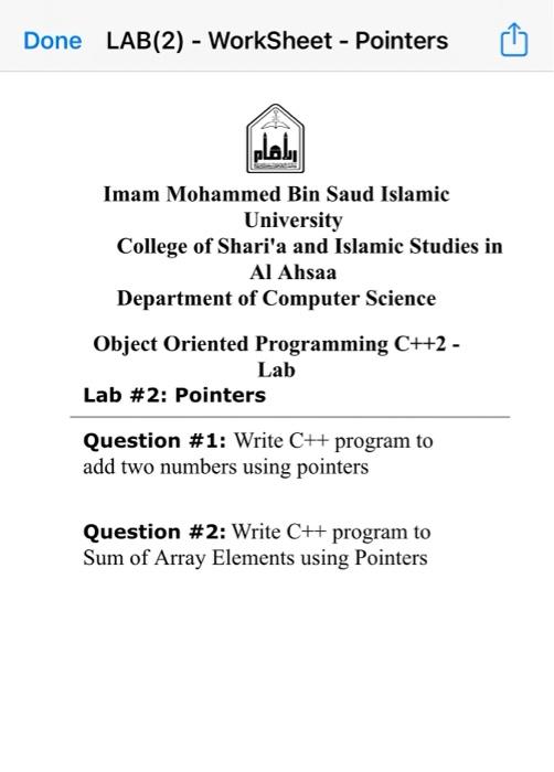 Solved Done LAB(2) - WorkSheet - Pointers Imam Mohammed Bin | Chegg.com