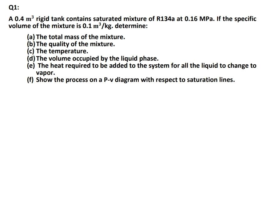 Solved Q1:A 0.4m3 ﻿rigid tank contains saturated mixture of | Chegg.com
