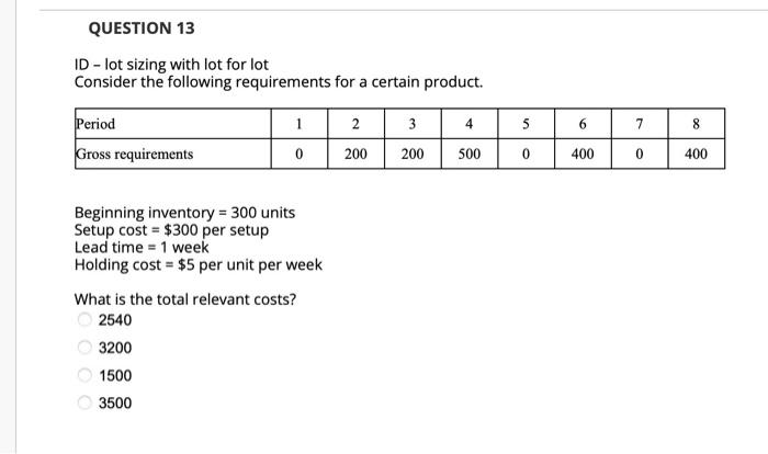 Solved QUESTION 13 ID - lot sizing with lot for lot Consider | Chegg.com