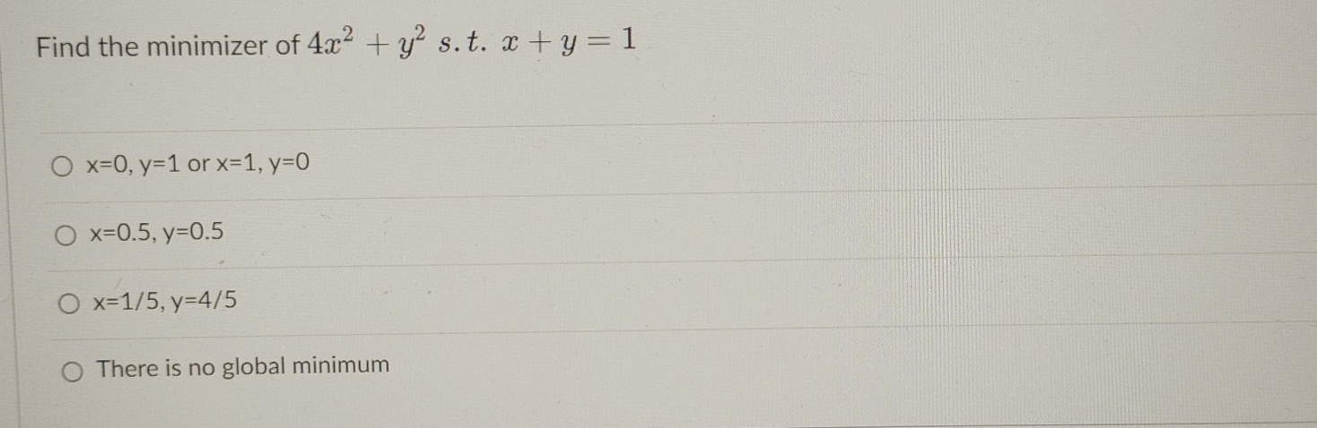 Solved Find the minimizer of 4x2+y2 ﻿s.t. x+y=1x=0,y=1 ﻿or | Chegg.com