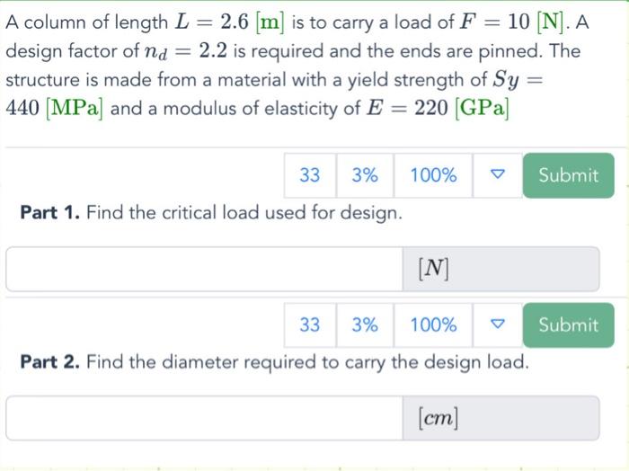 Solved A column of length L=2.6[ m] is to carry a load of | Chegg.com