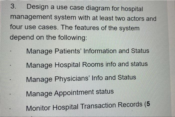 Solved 3. Design a use case diagram for hospital management | Chegg.com