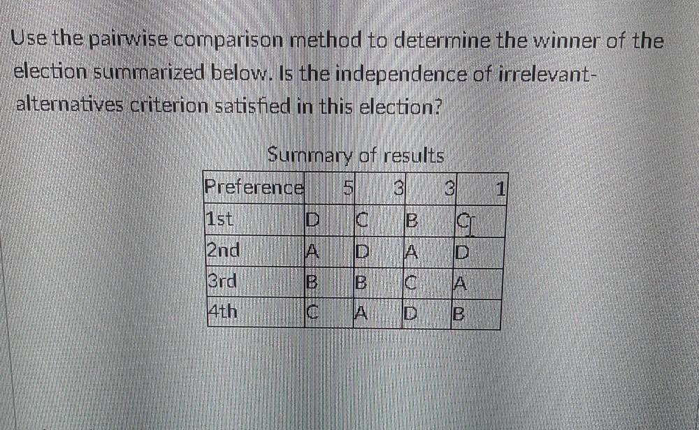 Solved Use the pairwise comparison method to determine the | Chegg.com