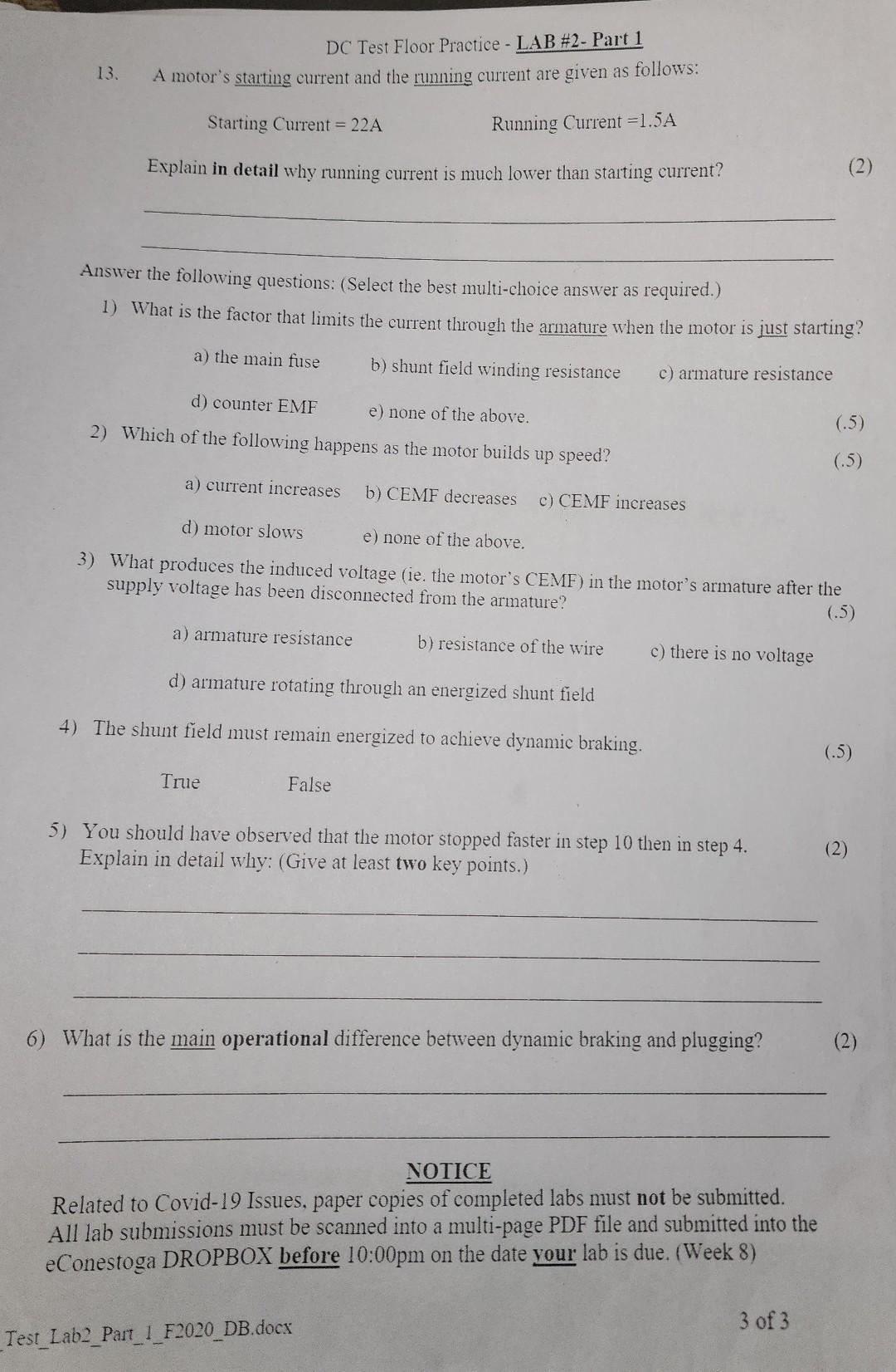 Solved DC Test Floor Practice - LAB#2 - Part 1 13. A motor's | Chegg.com