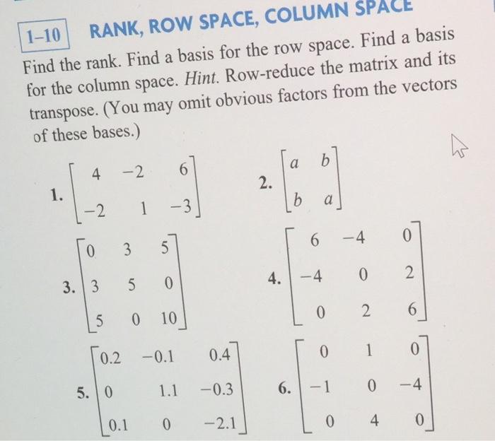Solved 1-10 RANK, ROW SPACE, COLUMN SPAC СЕ Find the rank. | Chegg.com