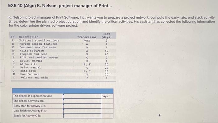 Solved EX6-10 (Algo) K. Nelson, project manager of Print... | Chegg.com