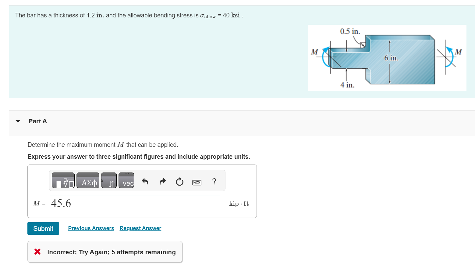 Solved The bar has a thickness of 1.2in. ﻿and the allowable | Chegg.com