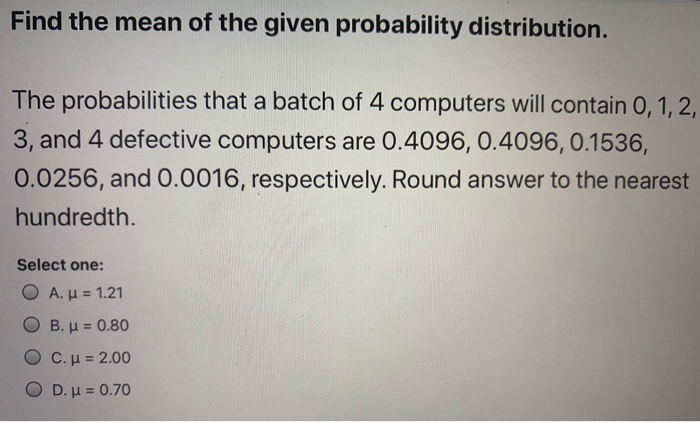 Solved Find the mean of the given probability distribution. | Chegg.com