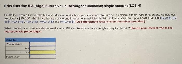 Solved Brief Exercise 5-3 (Algo) Future value; solving for | Chegg.com