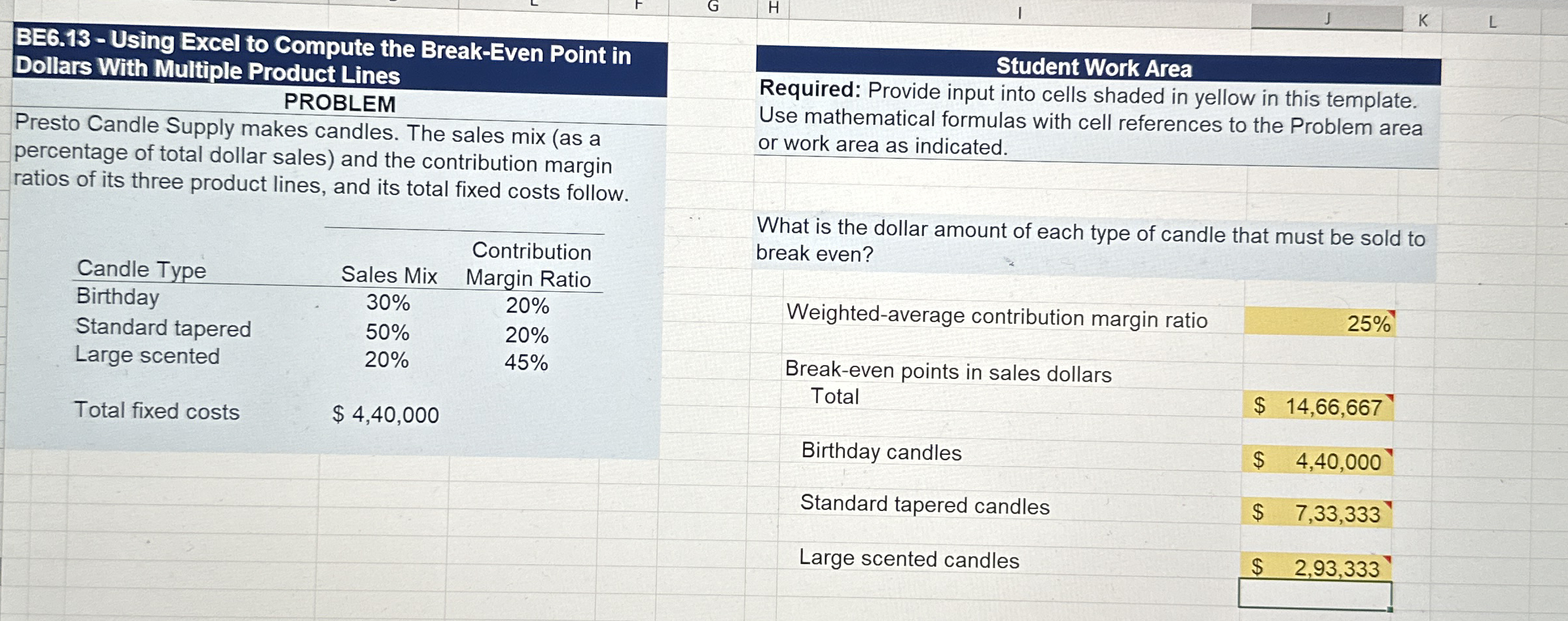 Solved BE6.13 - ﻿Using Excel to Compute the Break-Even Point | Chegg.com