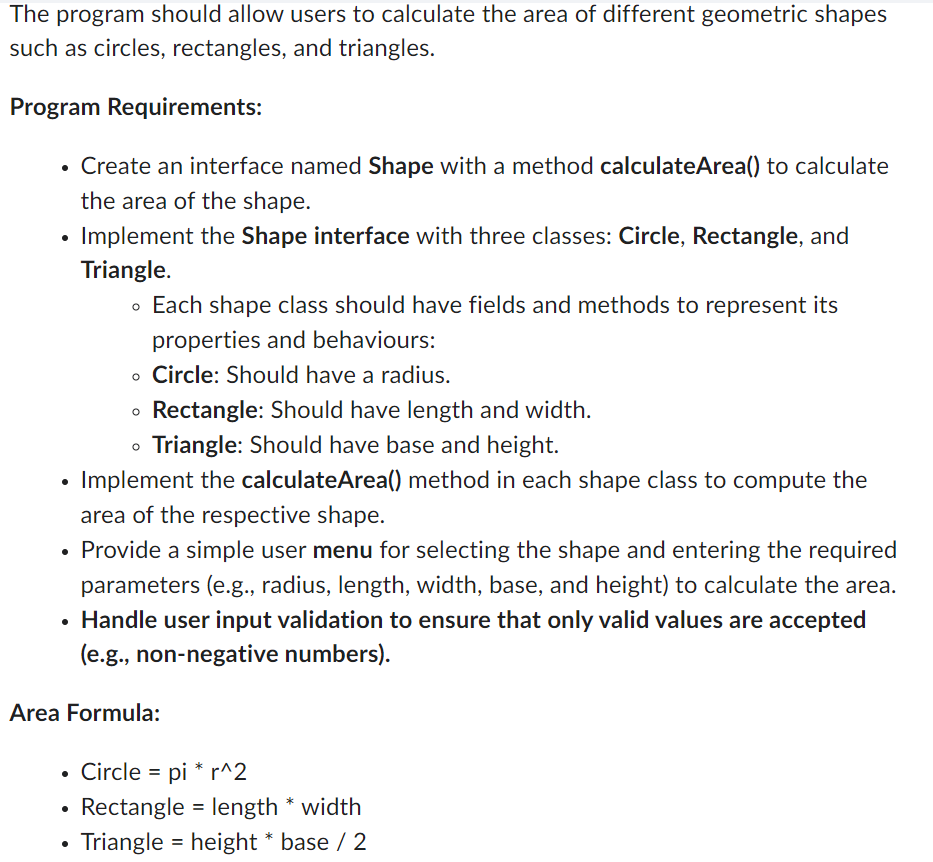 The program should allow users to calculate the area | Chegg.com