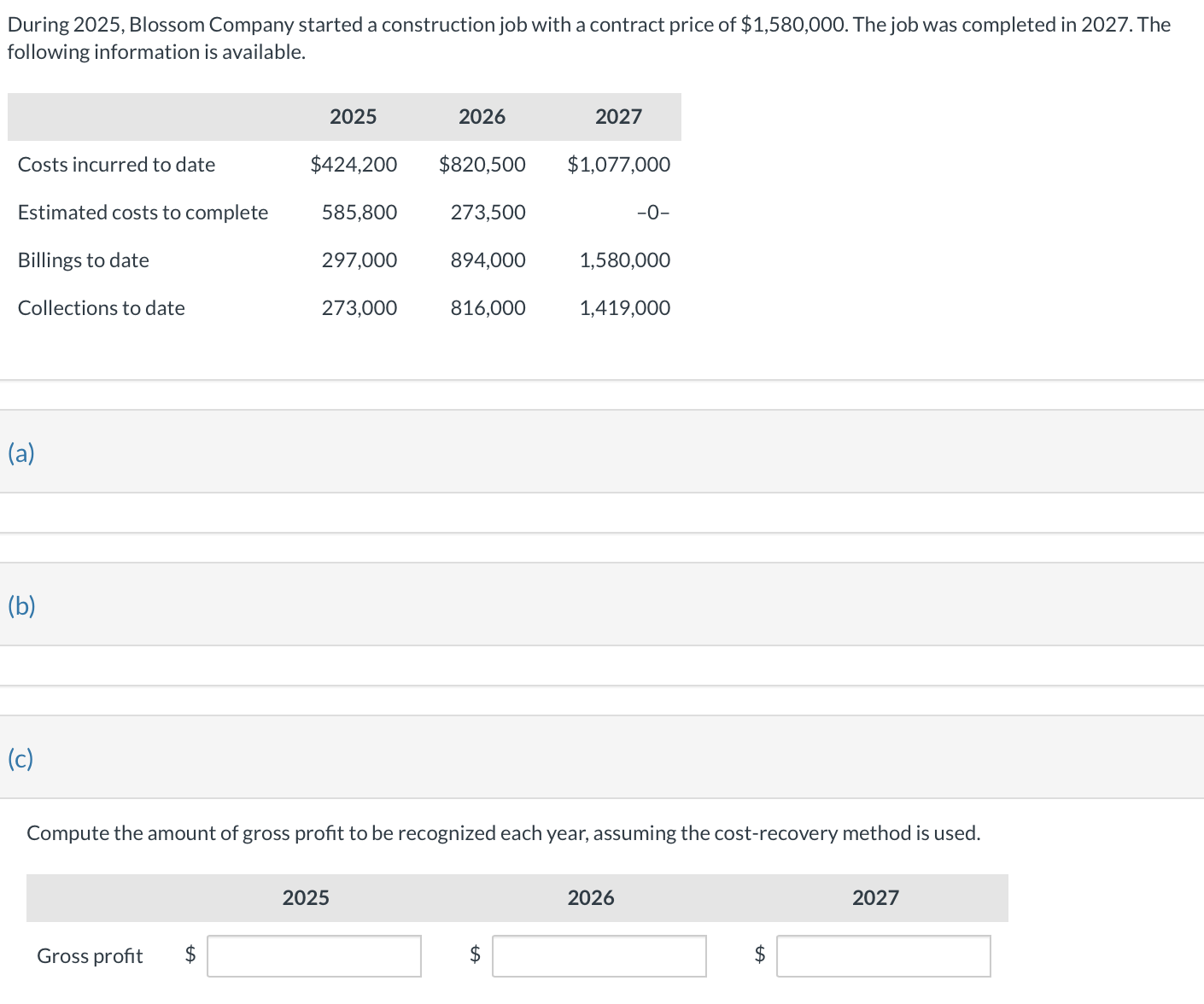 During 2025, ﻿Blossom Company started a construction | Chegg.com
