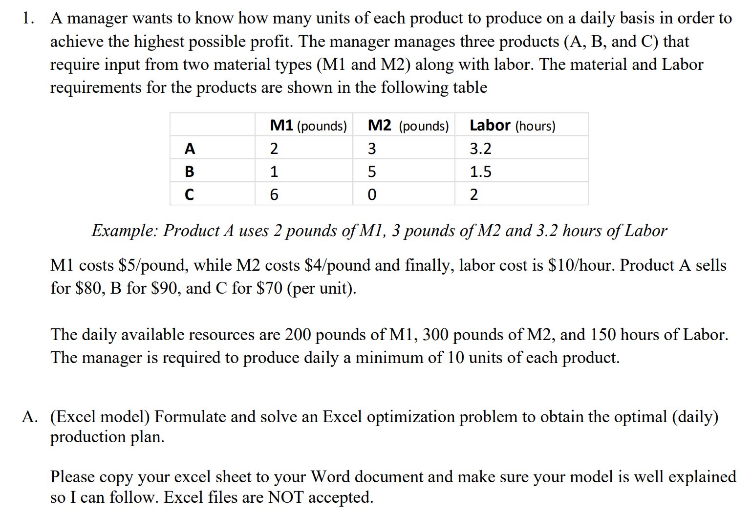 Solved A manager wants to know how many units of each | Chegg.com