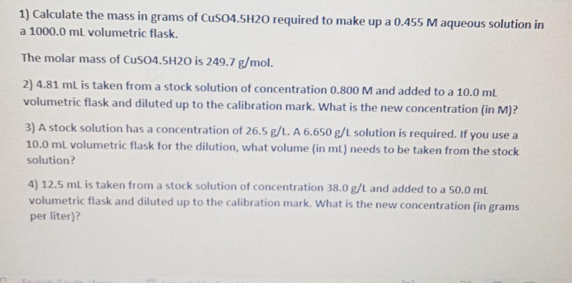 Solved 1) Calculate the mass in grams of CuSO4.5H2O required | Chegg.com