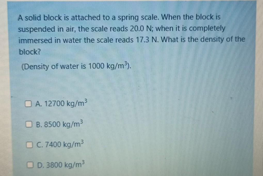 Solved A solid block is attached to a spring scale. When the | Chegg.com
