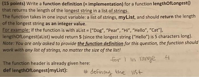 Solved (15 points) Write a function definition (= | Chegg.com