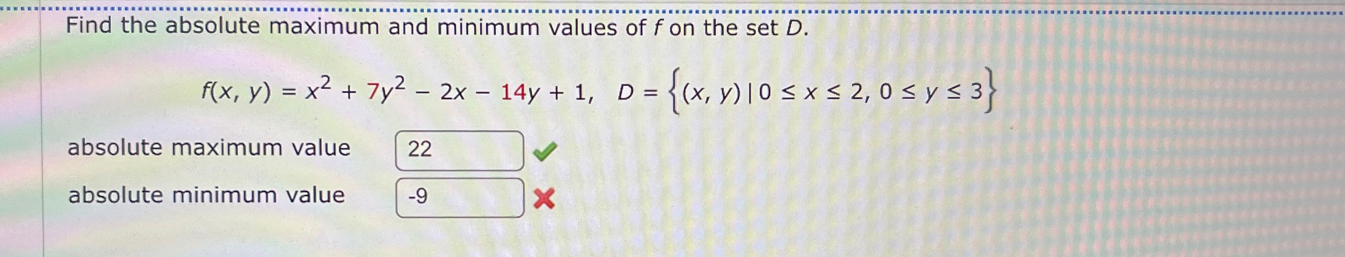 Solved Find the absolute maximum and minimum values of f ﻿on | Chegg.com