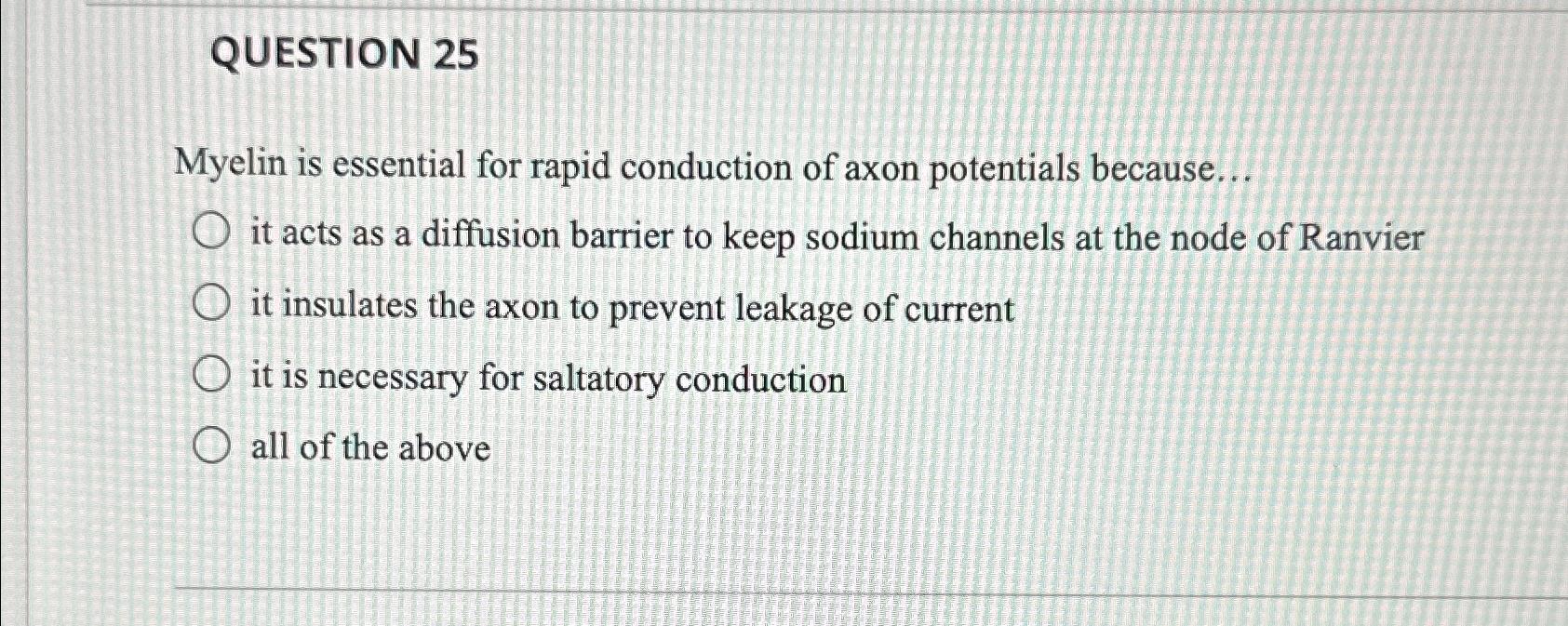 Solved QUESTION 25Myelin is essential for rapid conduction | Chegg.com