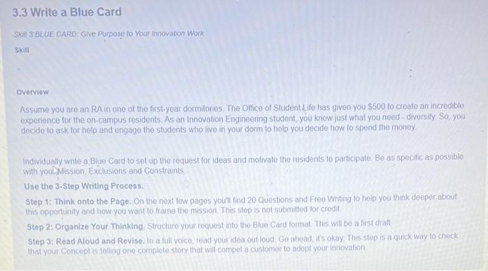 3.3 Write a Blue Card SKill 3. BLUE CARD. Give | Chegg.com
