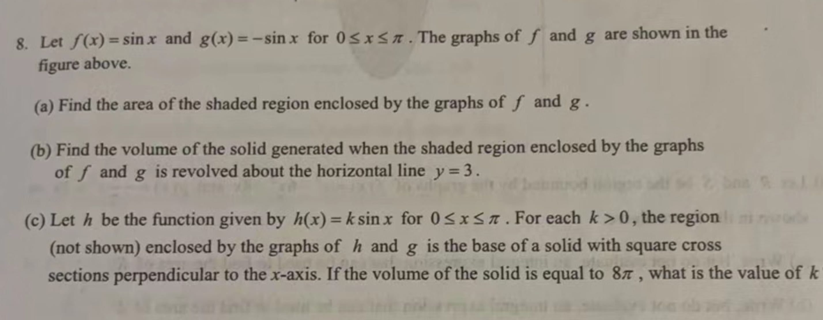 Let f(x)=sinx ﻿and g(x)=-sinx ﻿for 0≤x≤π. ﻿The graphs | Chegg.com