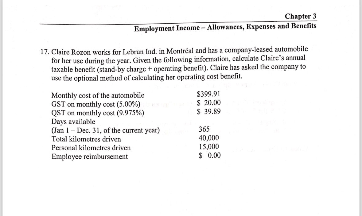 Solved Chapter 3Employment Income - ﻿Allowances, Expenses | Chegg.com