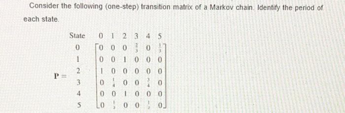 Solved Consider the following (one-step) transition matrix | Chegg.com