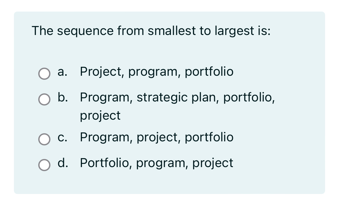 Solved The sequence from smallest to largest is:a. ﻿Project, | Chegg.com