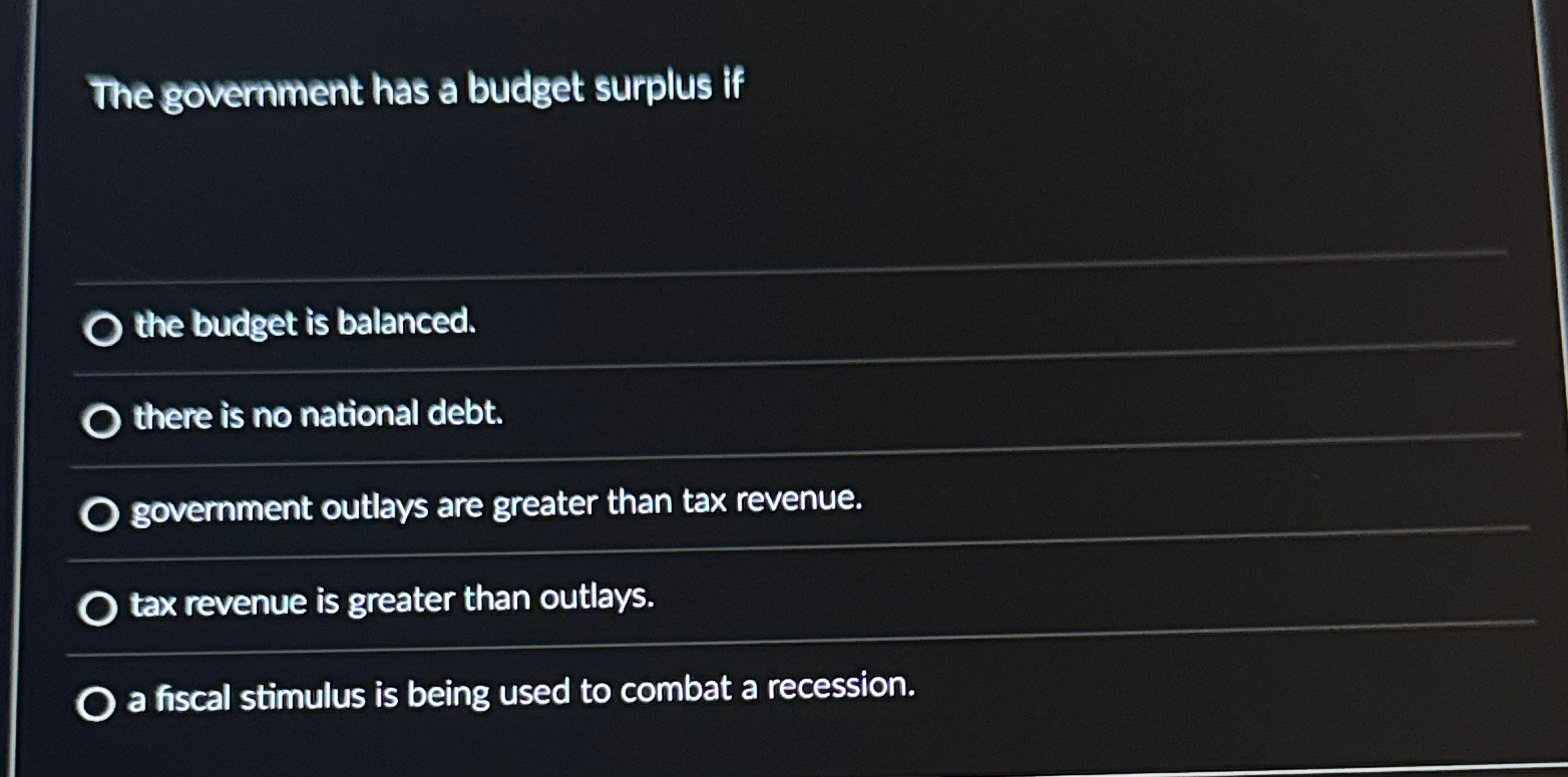 Solved The government has a budget surplus ifthe budget is | Chegg.com