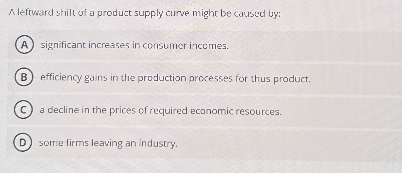 Solved A leftward shift of a product supply curve might be | Chegg.com