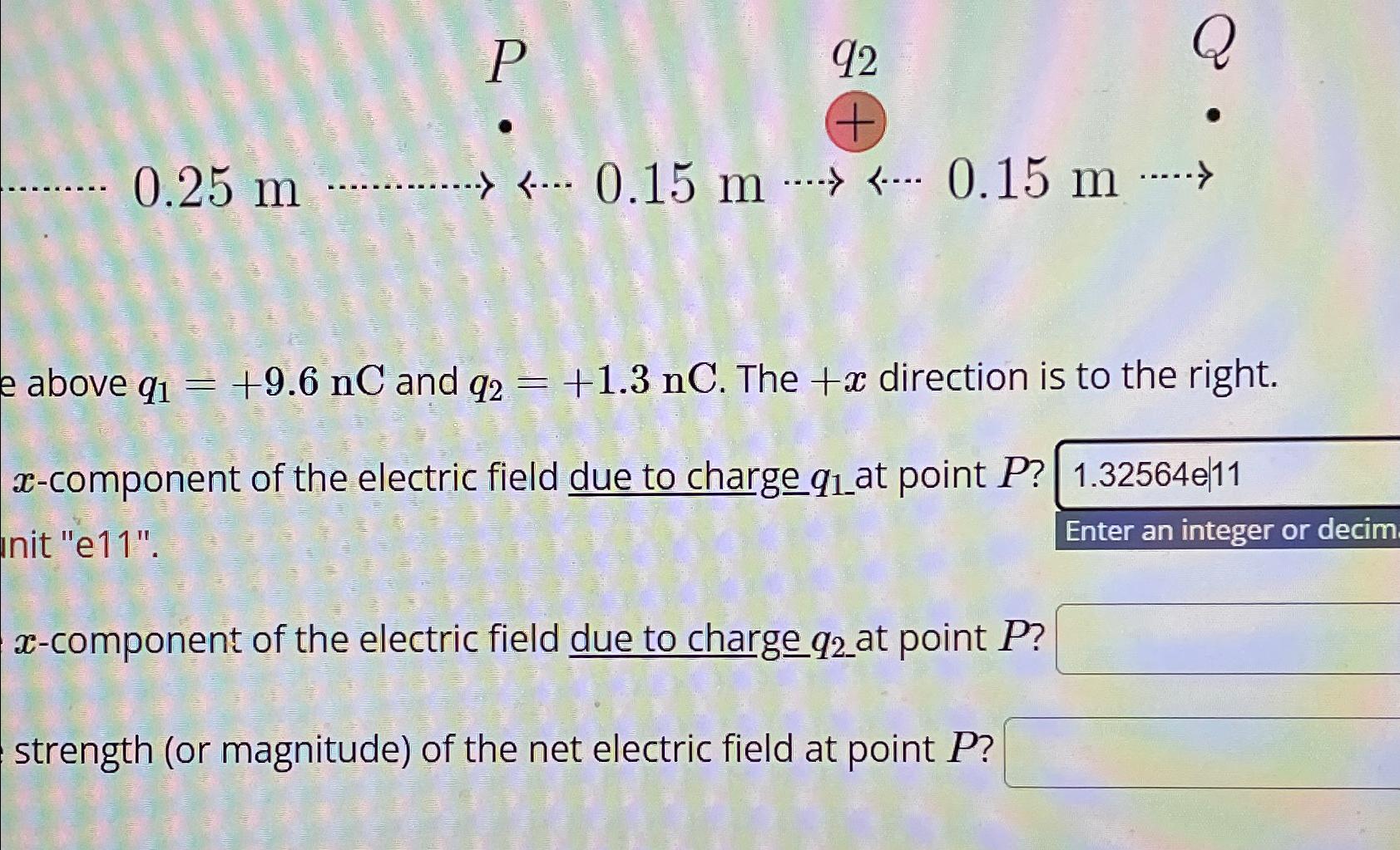 Solved e above q_(1)=+9.6nC and q_(2)=+1.3nC. The +x | Chegg.com