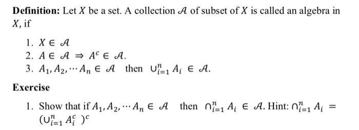 Solved Definition: Let X be a set. A collection A of subset | Chegg.com