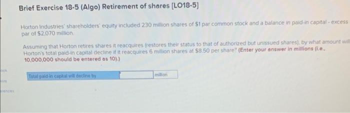 Solved Brief Exercise 18-5 (Algo) Retirement of shares | Chegg.com