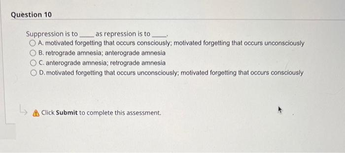 Solved Suppression is to as repression is to A. motivated | Chegg.com