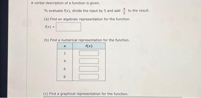 Solved To evaluate f(x), divide the input by 5 and add 54 to | Chegg.com