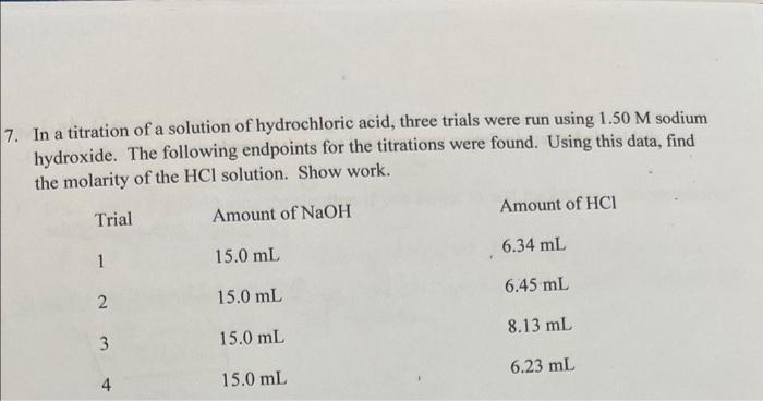 Solved In a titration of a solution of hydrochloric acid, | Chegg.com