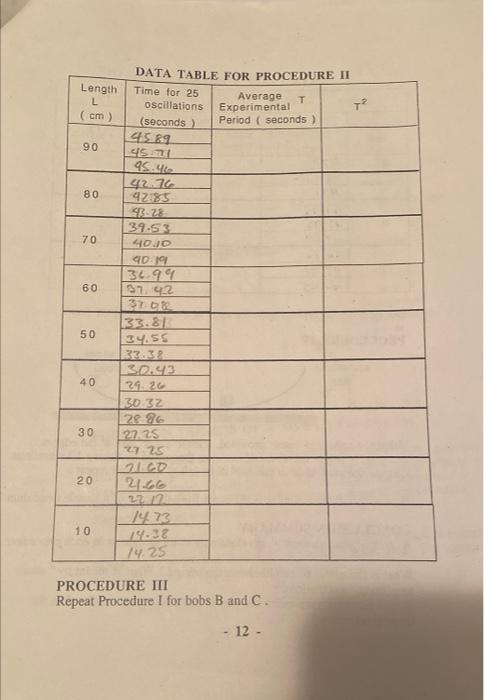 Solved DATA TABLE FOR PROCEDURE I Length of pendulum string, | Chegg.com