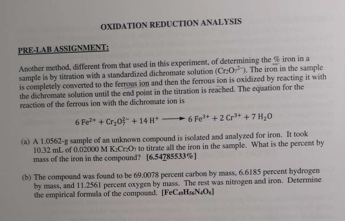 Solved OXIDATION REDUCTION ANALYSISPRE-LAB | Chegg.com