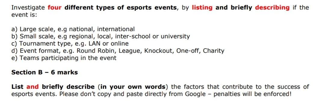 Investigate four different types of esports events, | Chegg.com