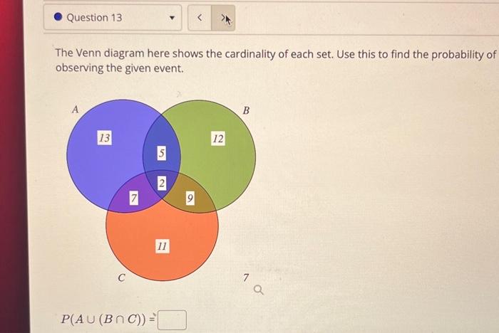 Solved The Venn diagram here shows the cardinality of each | Chegg.com