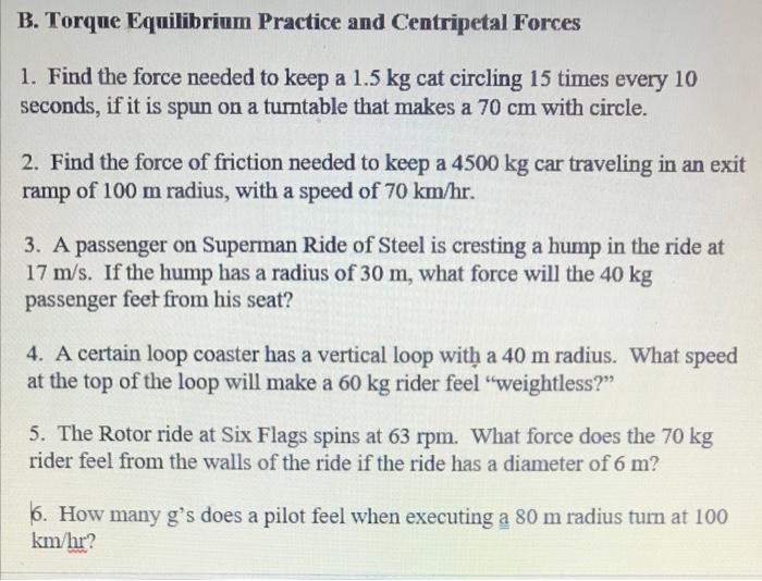 Solved B. Torque Equilibrium Practice and Centripetal Forces | Chegg.com