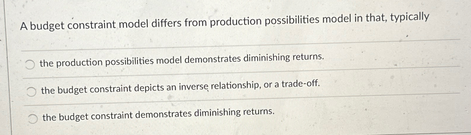 Solved A budget constraint model differs from production | Chegg.com