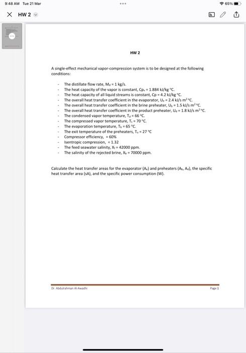 A single-effect mechanical vapor-compression system | Chegg.com