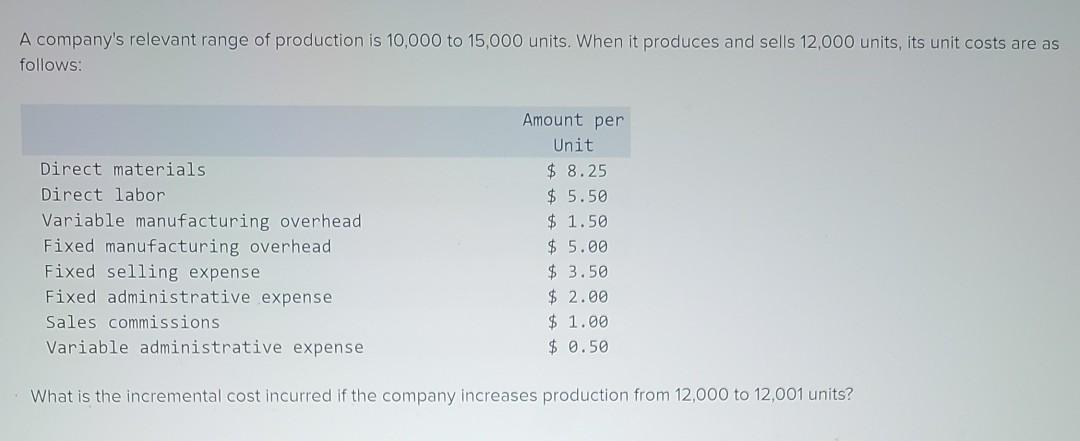 Solved A company's relevant range of production is 10,000 to | Chegg.com