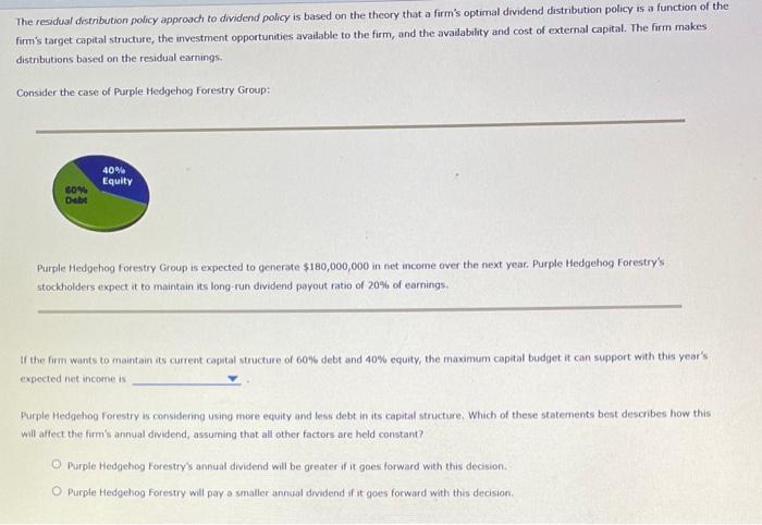 Solved The residual distribution policy approach to dividend | Chegg.com
