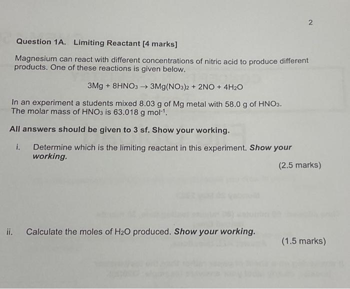 Solved Question 1A. Limiting Reactant [4 marks] Magnesium | Chegg.com
