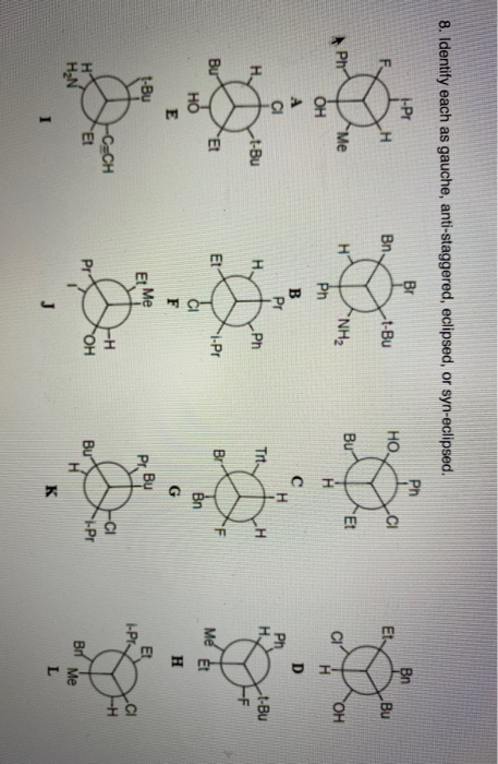 Solved 8. Identify each as gauche, anti-staggered, eclipsed, | Chegg.com