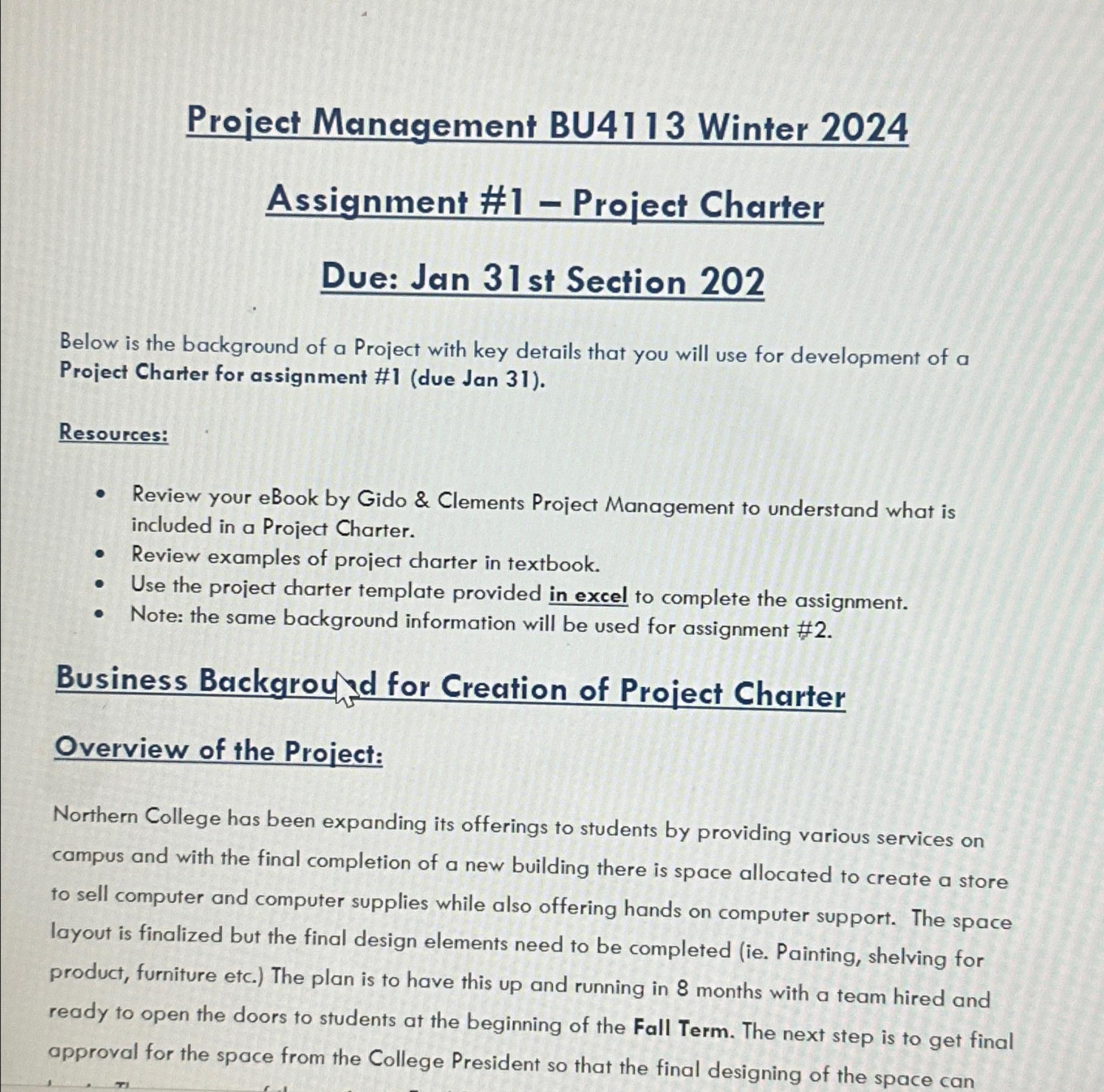 Solved Project Management BU4113 ﻿Winter 2024Assignment #1 - | Chegg.com