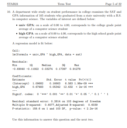 Solved 10. ﻿A department wide study on student performance | Chegg.com