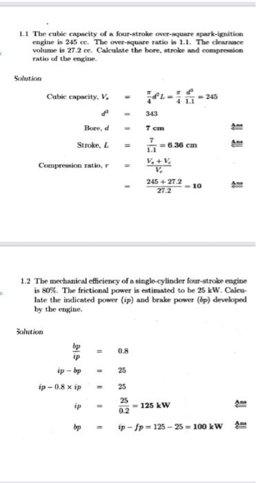 Solved 1.1 The cable capacity of a four-stroke over-square | Chegg.com