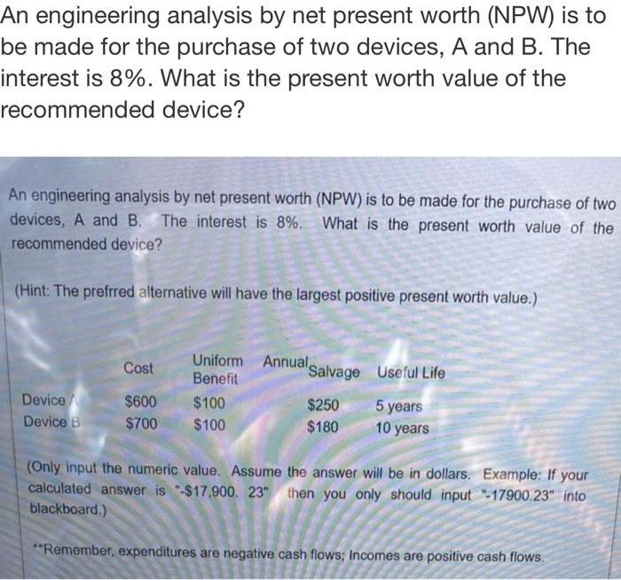 Solved An engineering analysis by net present worth (NPW) is | Chegg.com
